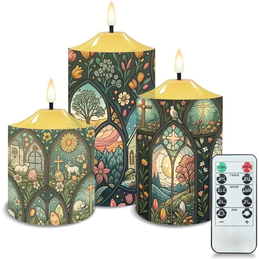 Easter Flameless Candles Lamp Set of 3, LED Pillar Candlestick, Remote ...