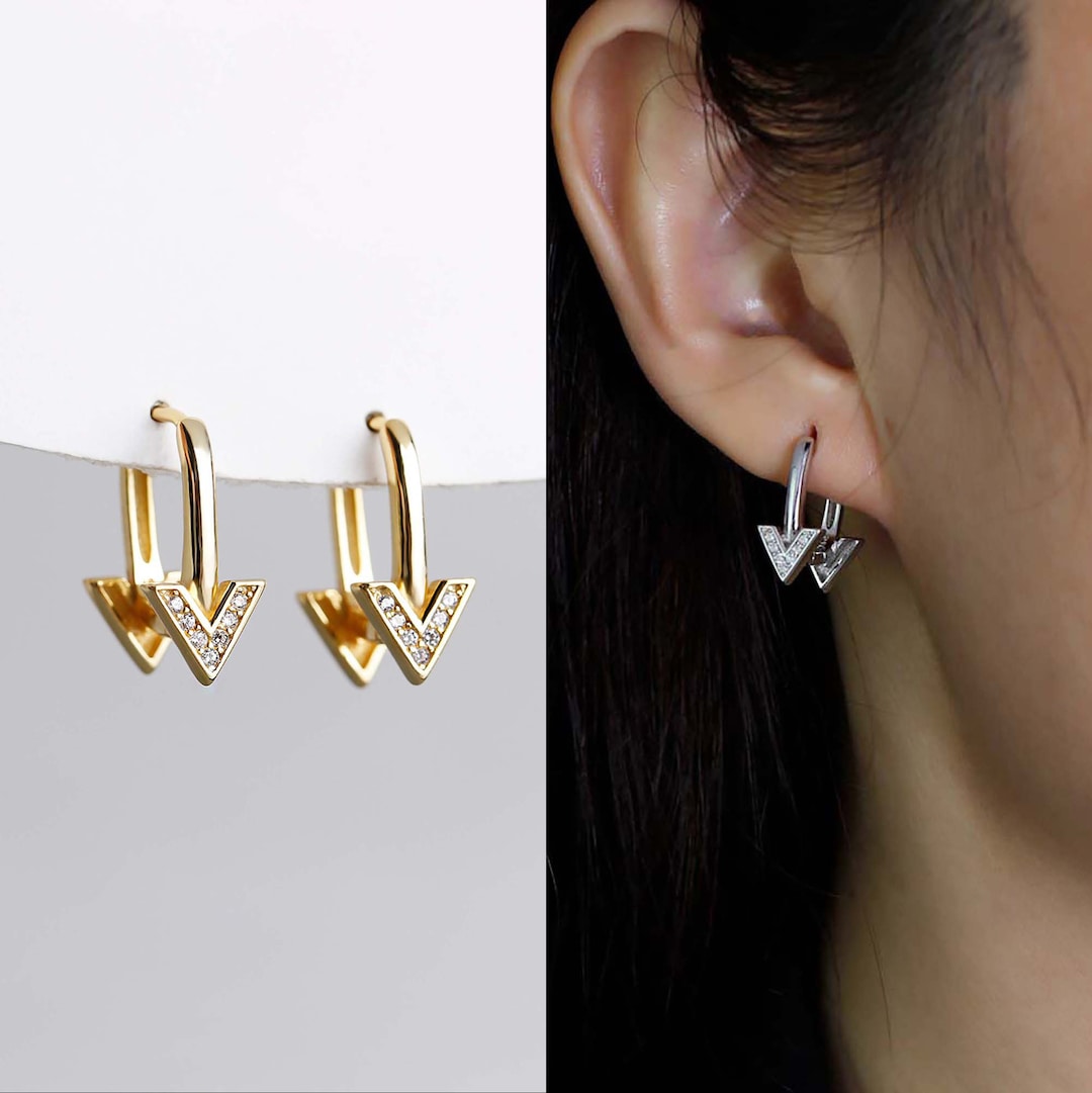 V Shape Huggie Hoop Earrings, Gold, Silver, Statement V Hoop Earrings ...