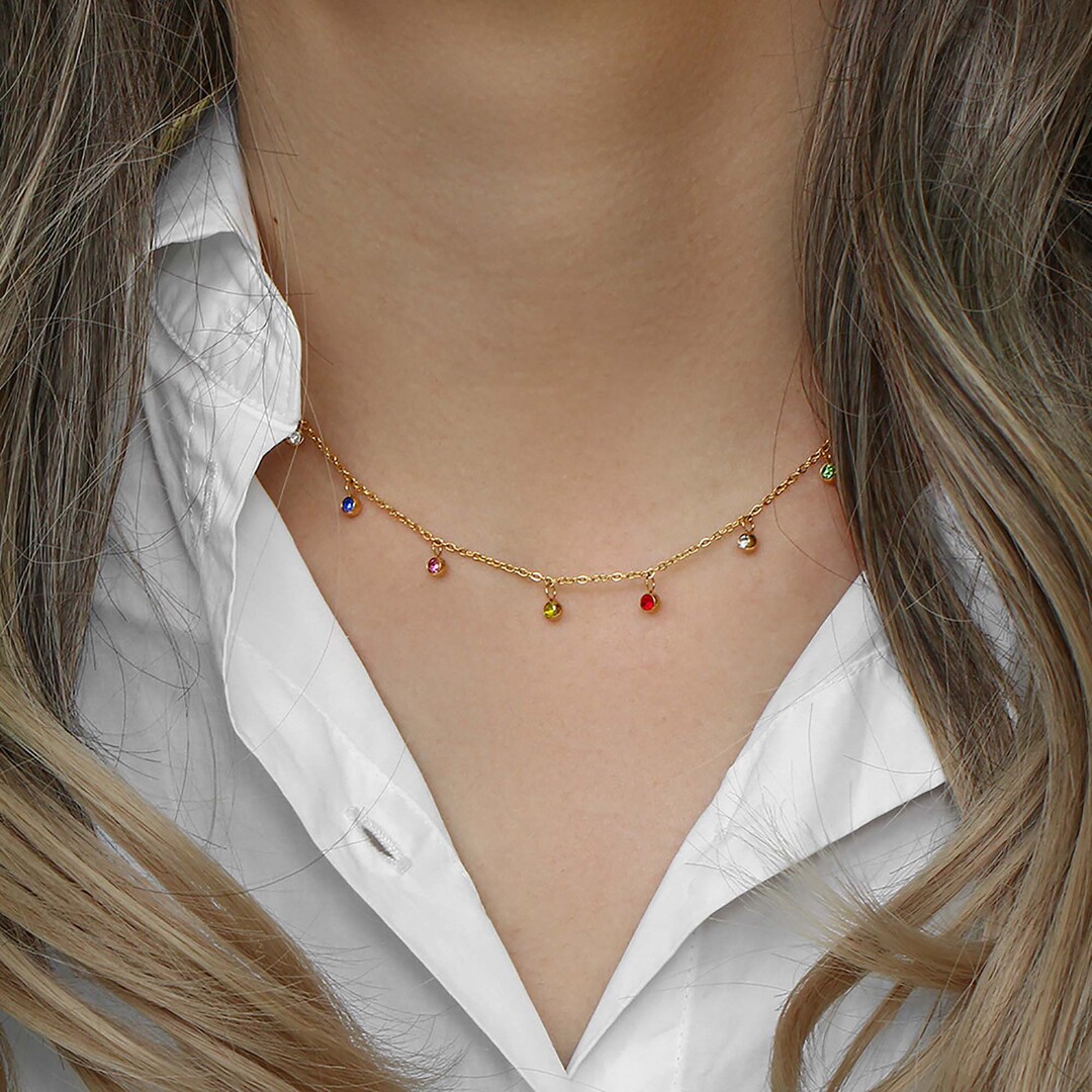 Colorful Stone Necklace,rainbow Beads Multi Color Gold Necklace,gold ...