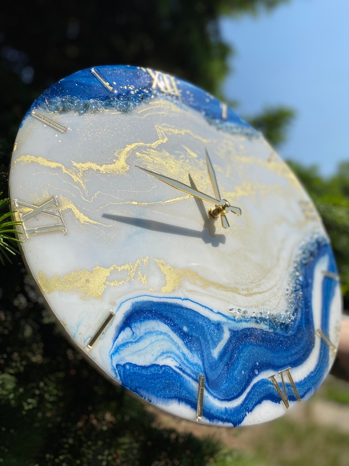 Unique Clock Blue Resin Art Clockepoxy Wall Clockbig Wall Gold&white ...