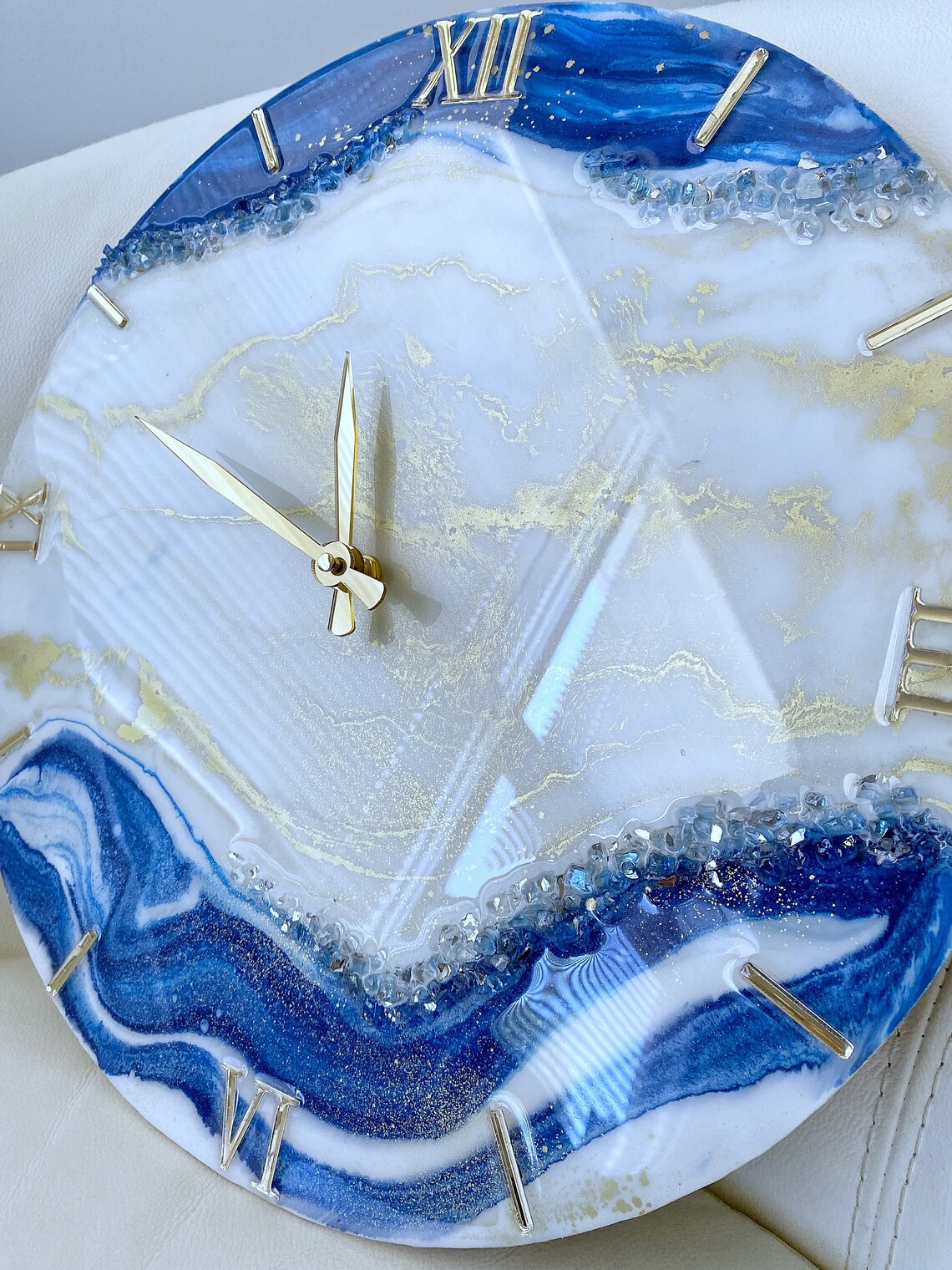 Unique Clock Blue Resin Art Clockepoxy Wall Clockbig Wall Gold&white ...
