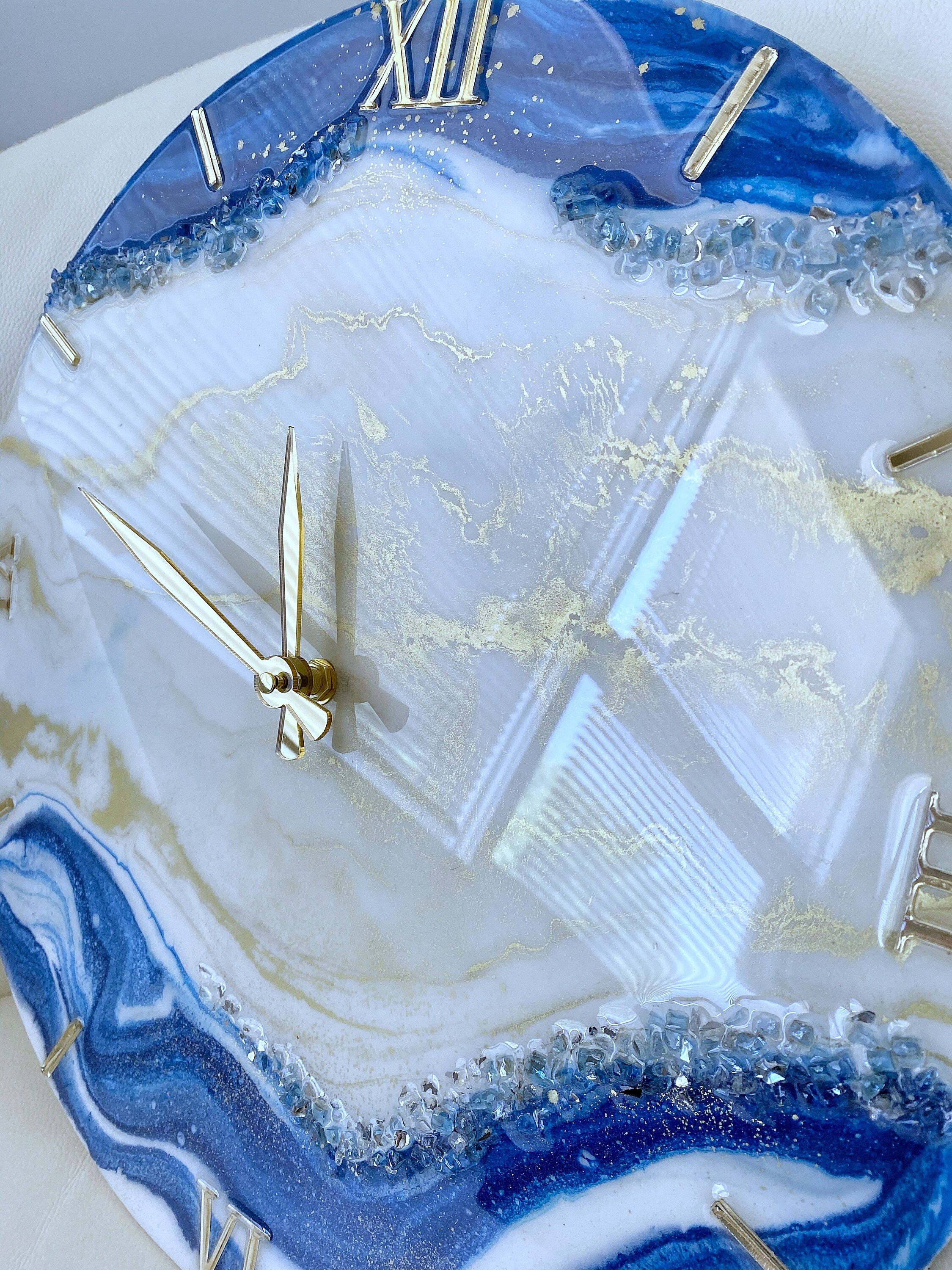 Unique Clock Blue Resin Art Clockepoxy Wall Clockbig Wall Gold&white ...