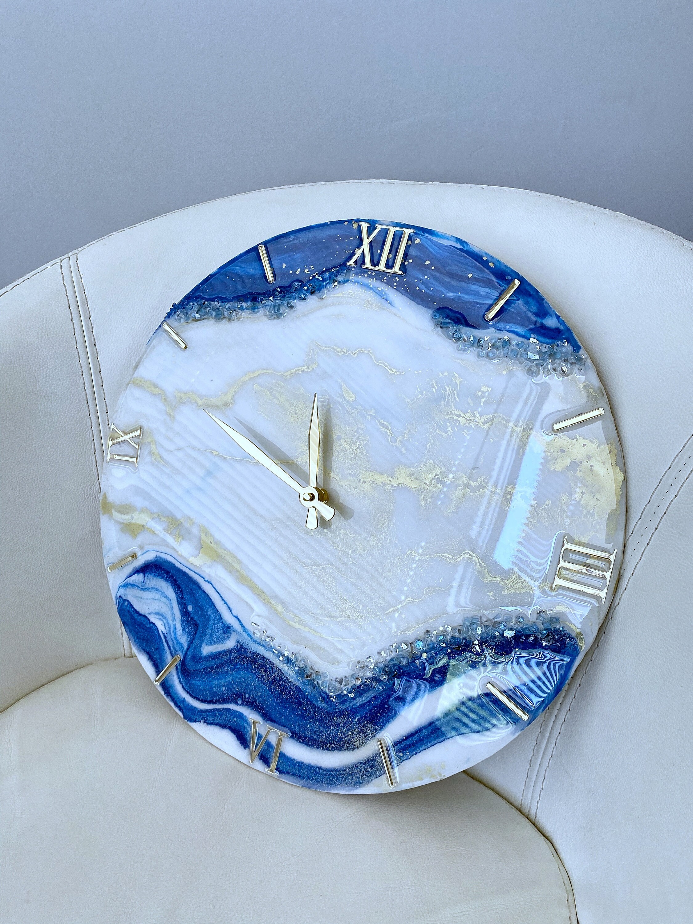 Unique Clock Blue Resin Art Clockepoxy Wall Clockbig Wall Gold&white ...