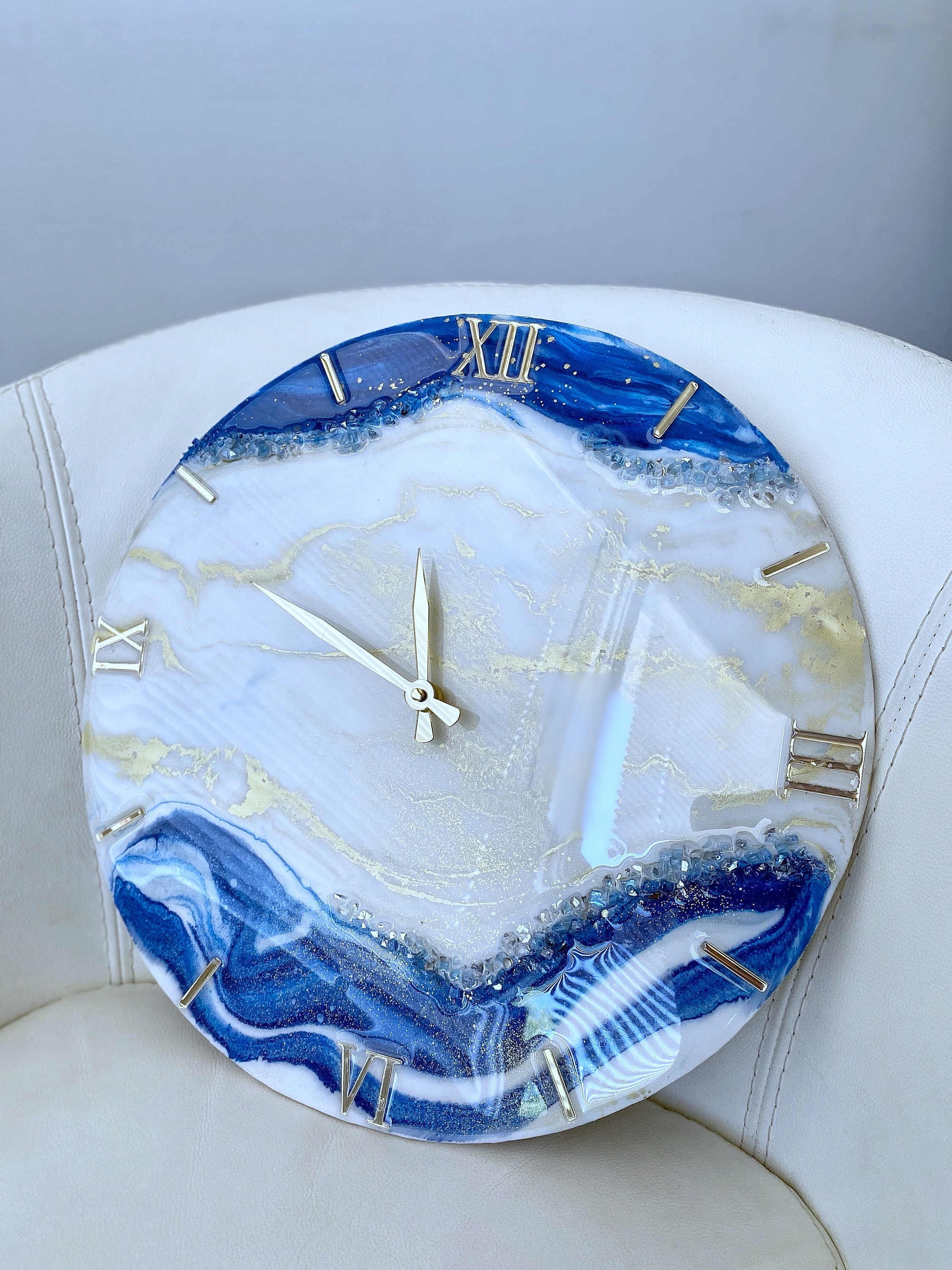 Unique Clock Blue Resin Art Clockepoxy Wall Clockbig Wall Gold&white ...