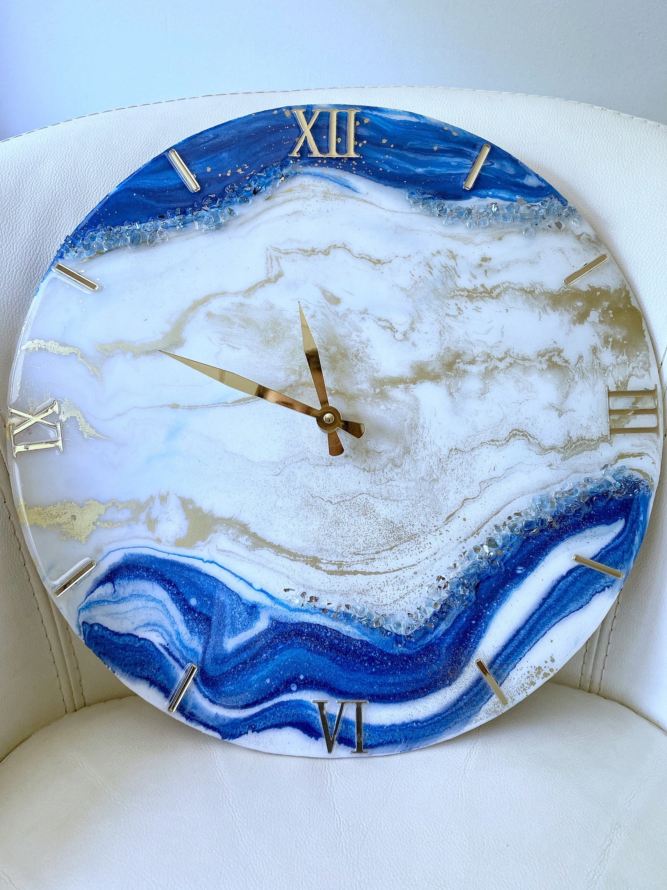 Unique Clock Blue Resin Art Clockepoxy Wall Clockbig Wall Gold&white ...