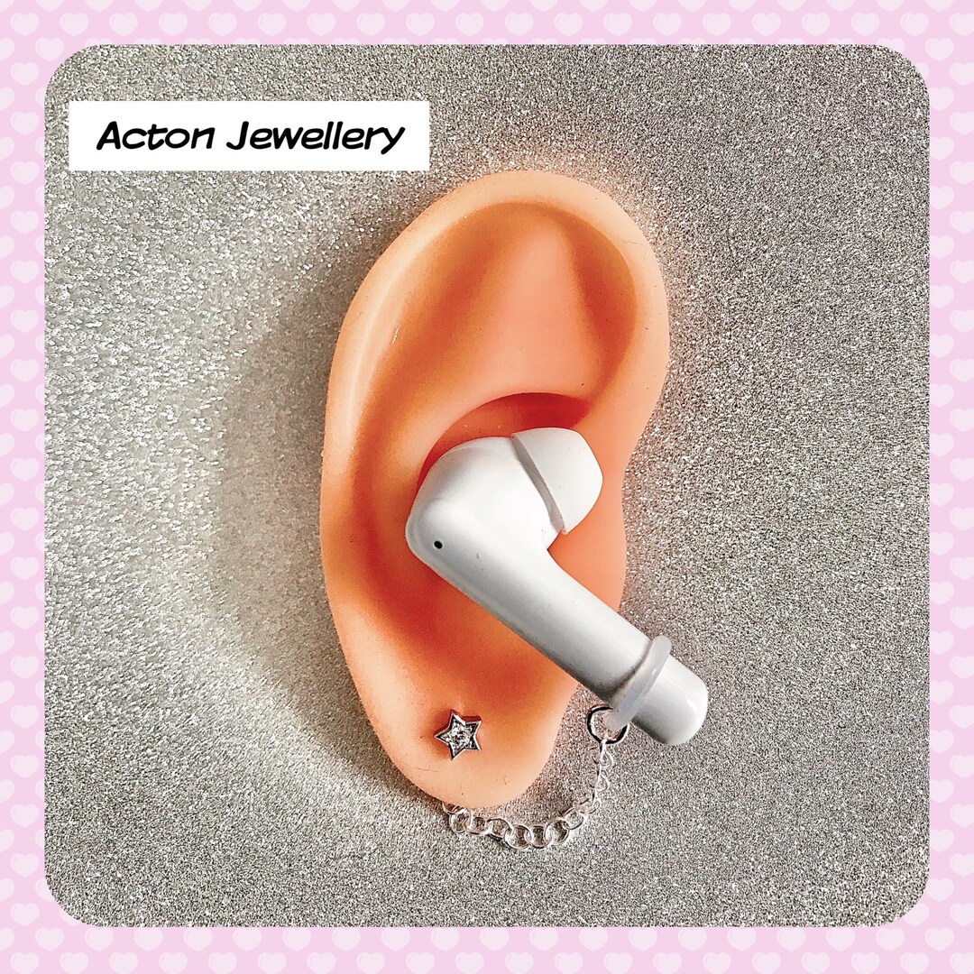 925 Sterling Silver Moon Star Safety Chain Air Pods Ear Buds Earrings ...