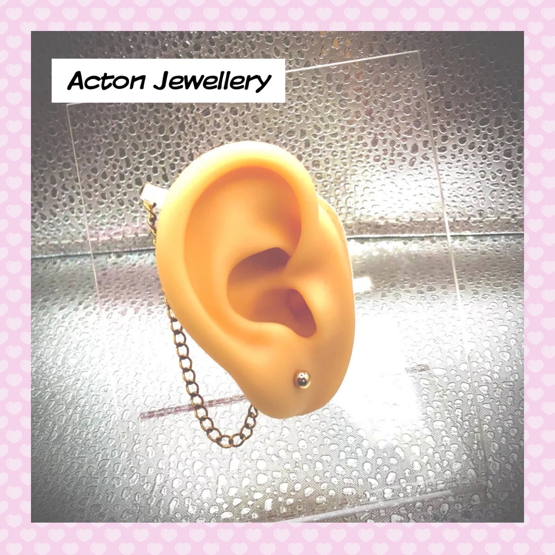 Pair 9ct Gold 4mm Ball Stud Hearing Aid Safety Chain Earrings SS Gold ...