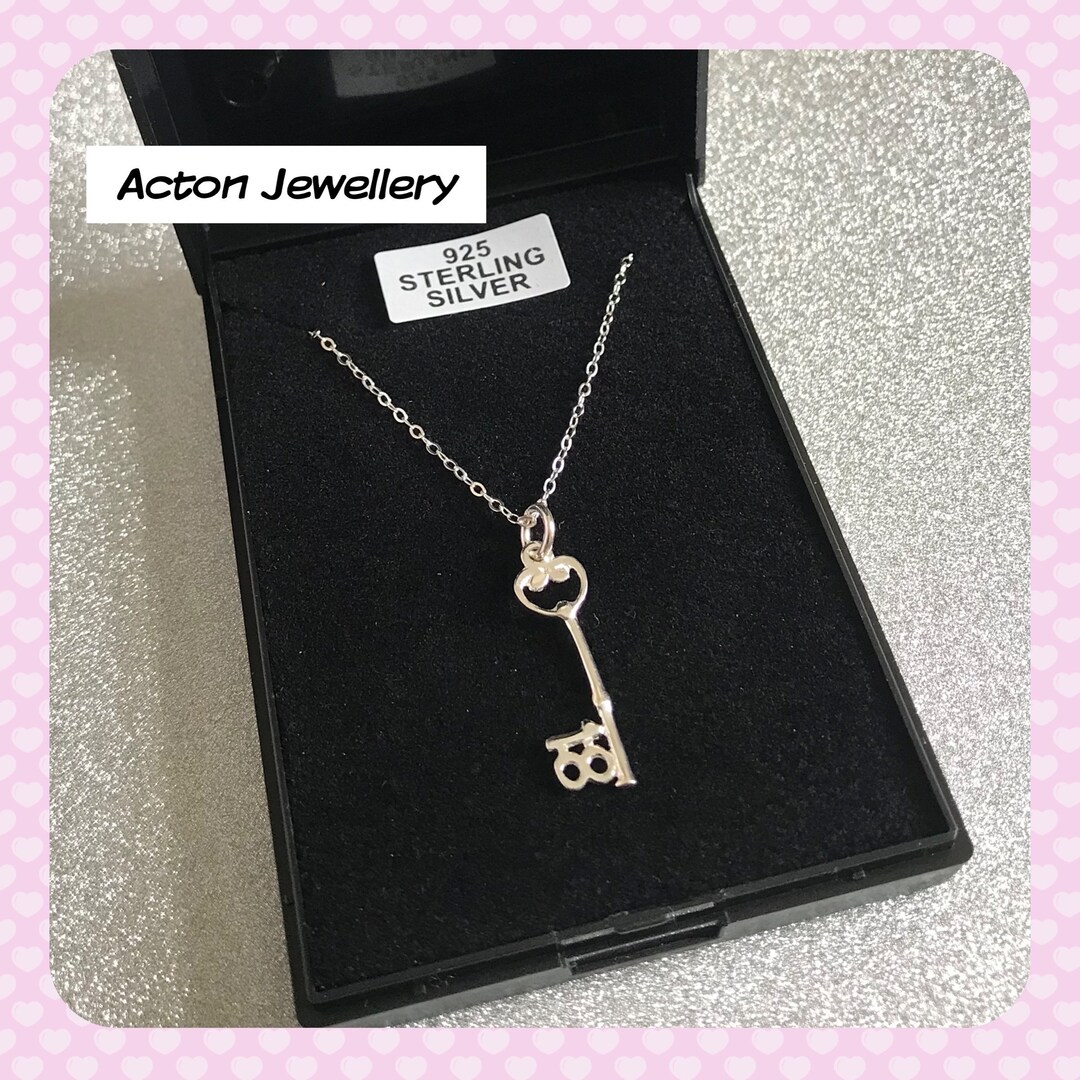 925 Sterling Silver 18th Birthday Key Pendant 18 Chain Necklace Charm ...