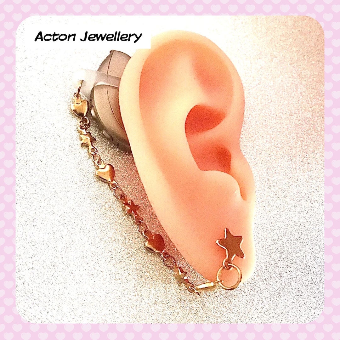 Gold Star Stud Heart Star Hearing Aid Safety Chain Earring Gold Finish ...