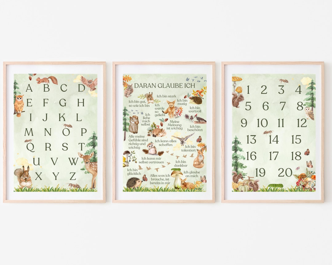 Waldtiere Poster Set Kinderzimmer Deko mit ABC Poster, Zahlen Poster ...
