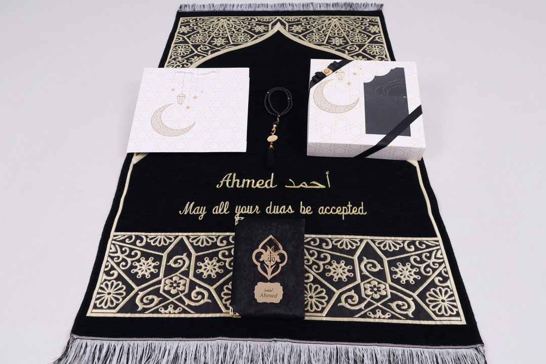 Personalized Velvet Prayer Mat Quran Tasbeeh Islamic Gift Set | Ramadan ...