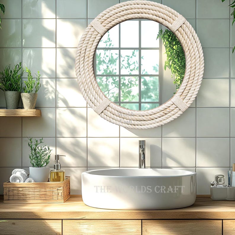 Soft Touch Cotton Rope Hanging Wall Mirror - Round Farmhouse Nautical ...