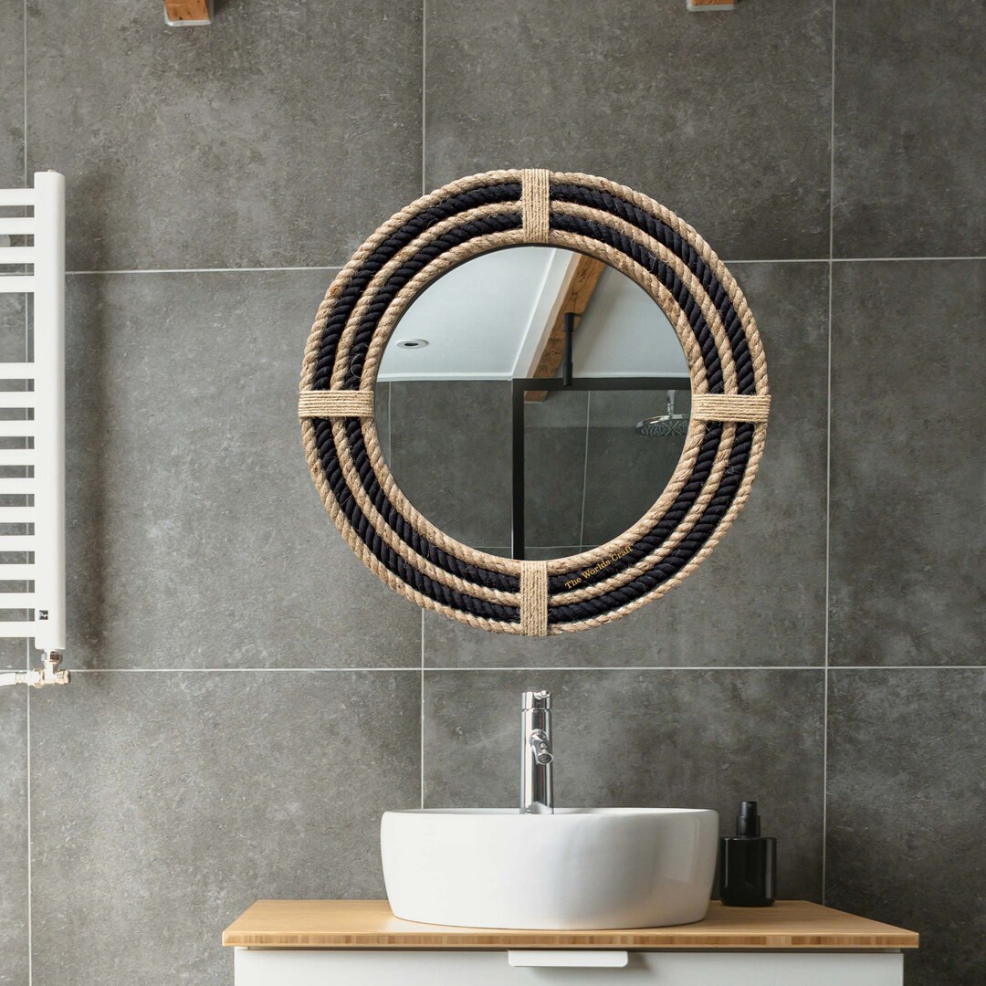 Nautical Rope Hanging Mirror Round Farmhouse Style Accent, Decorative ...
