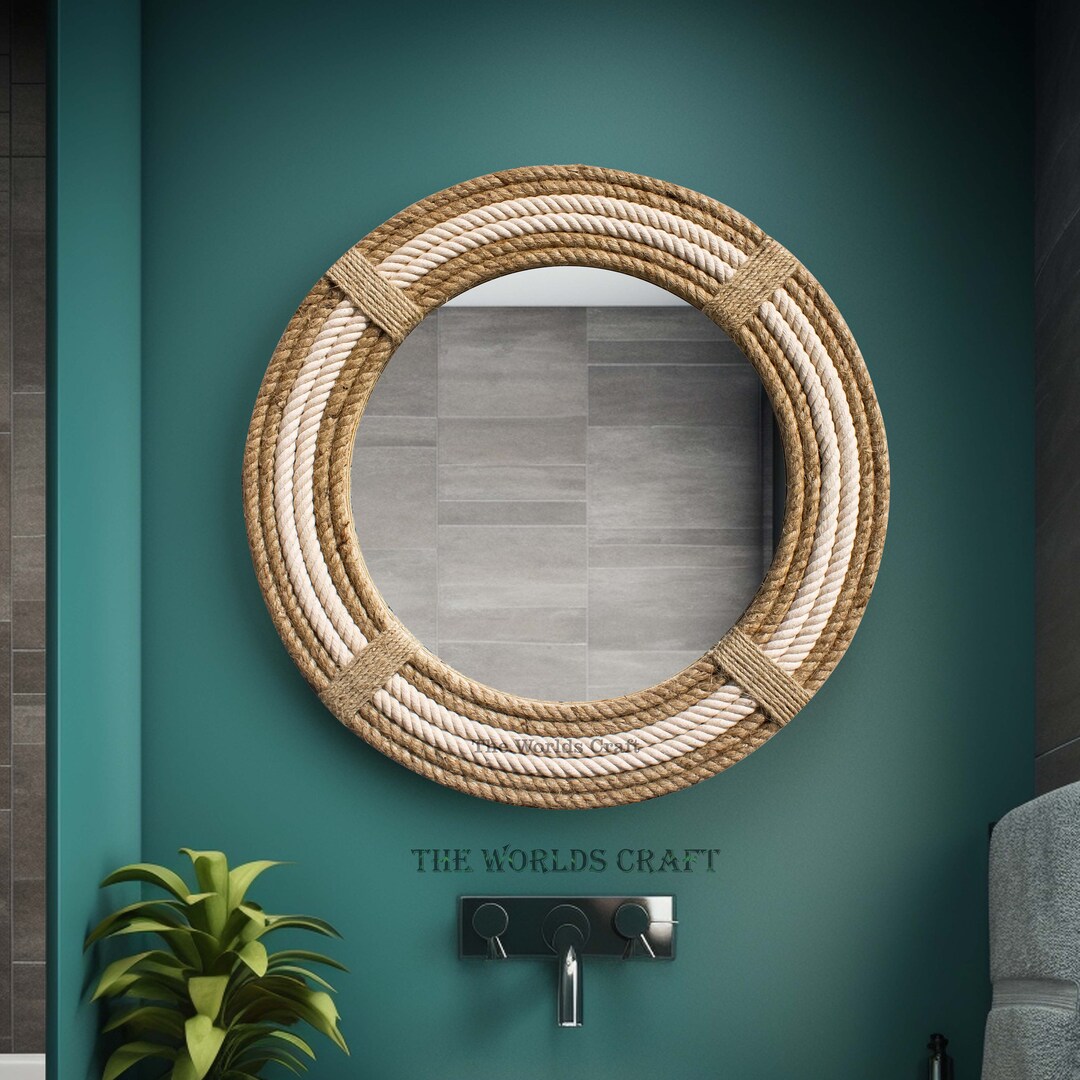 Nautical Rope Hanging Mirror - Round Farmhouse Style Accent, Decorative ...