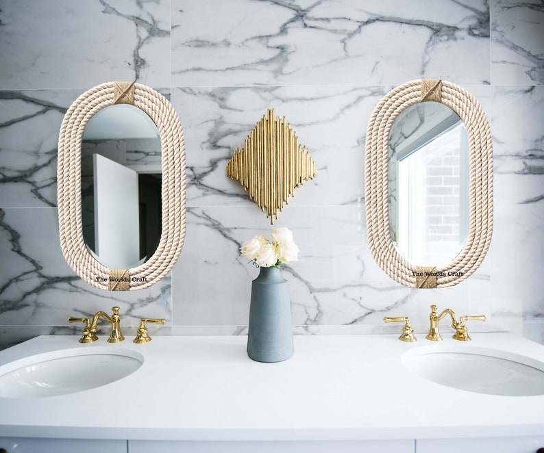 Nautical Rope Hanging Mirror - Round Farmhouse Style Accent, Decorative ...