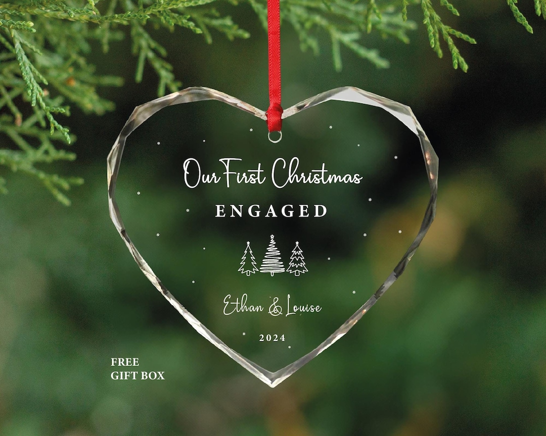 Personalized Engagement Heart Shaped Glass Ornament - First Christmas ...