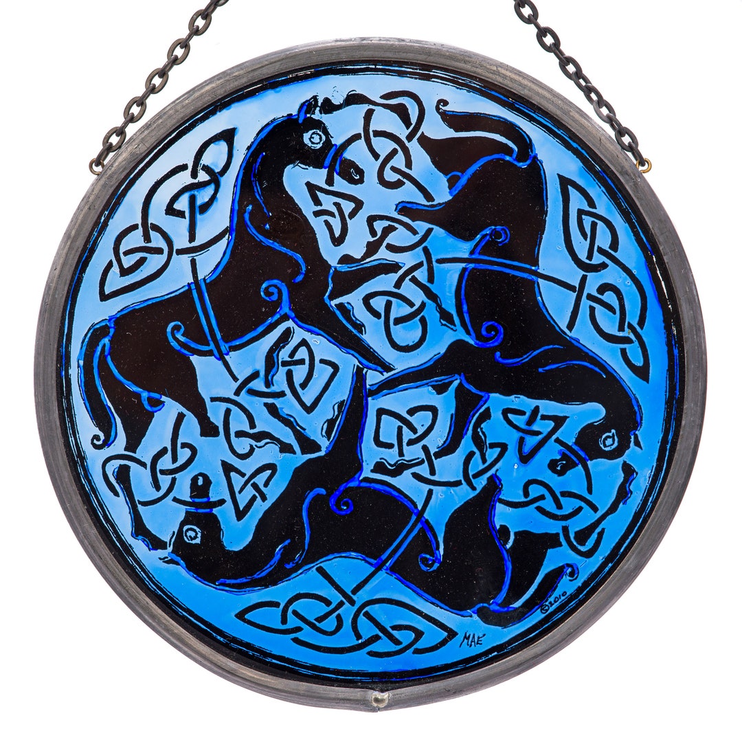 Celtic Horses Hand Painted Stained Glass Window Panel by Winged Heart ...