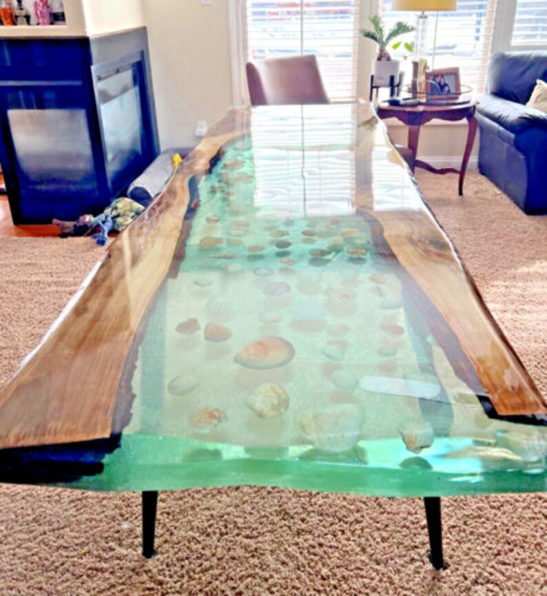 BEAUTIFUL - Black Walnut Live Edge Epoxy Resin, Seashell Table - Etsy