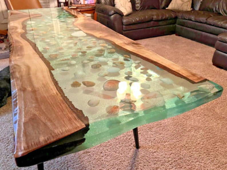BEAUTIFUL - Black Walnut Live Edge Epoxy Resin, Seashell Table - Etsy