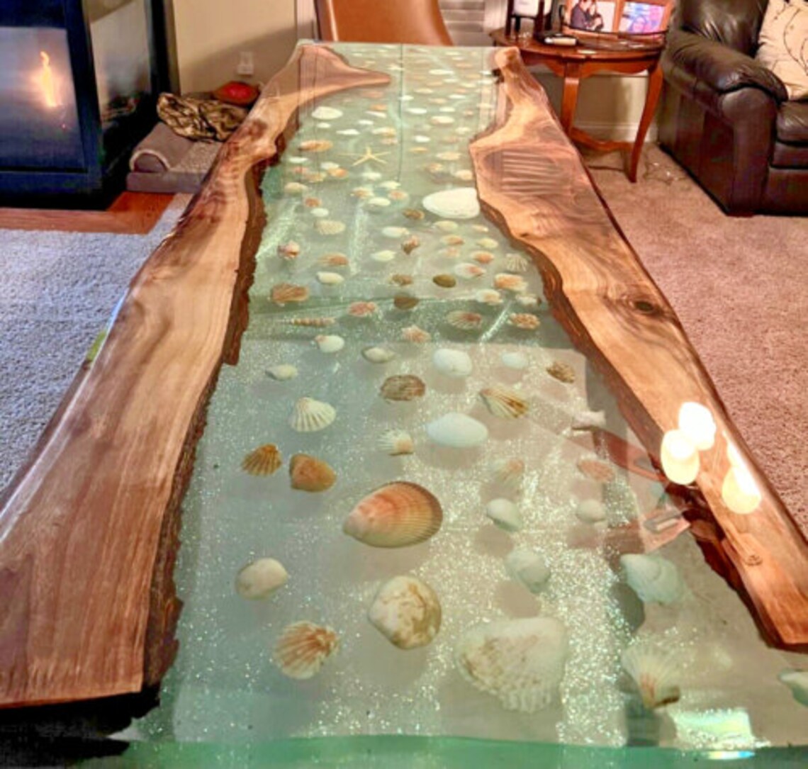 BEAUTIFUL - Black Walnut Live Edge Epoxy Resin, Seashell Table - Etsy