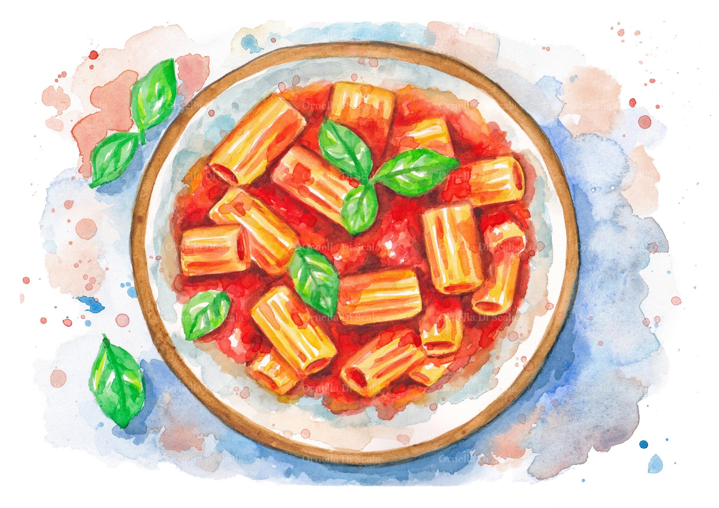 Italian Macaroni Pasta Rigatoni With Tomato and Basil Watercolor ...
