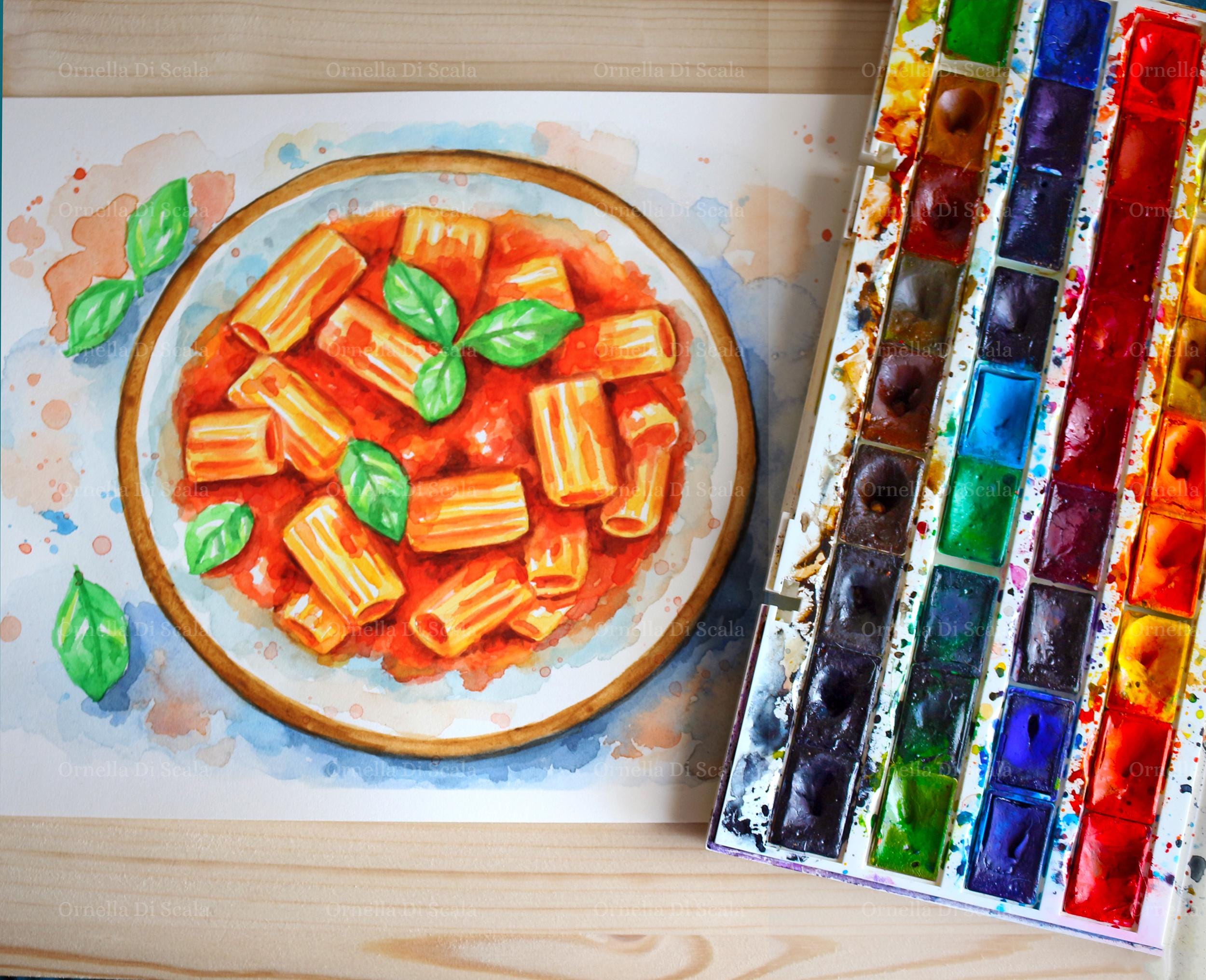 Italian Macaroni Pasta Rigatoni With Tomato and Basil Watercolor ...
