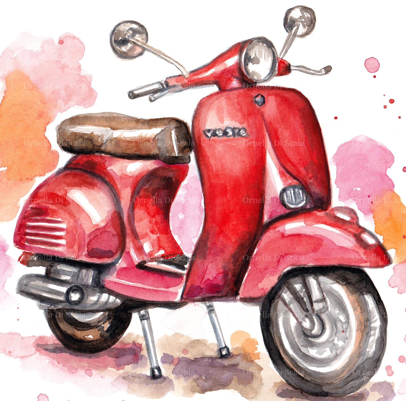 Red Vespa Scooter Printable Wall Art, Hand-painted Watercolor Italy ...