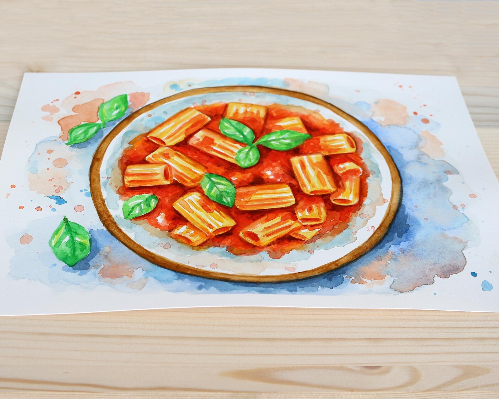 Italian Macaroni Pasta Rigatoni With Tomato and Basil Watercolor ...
