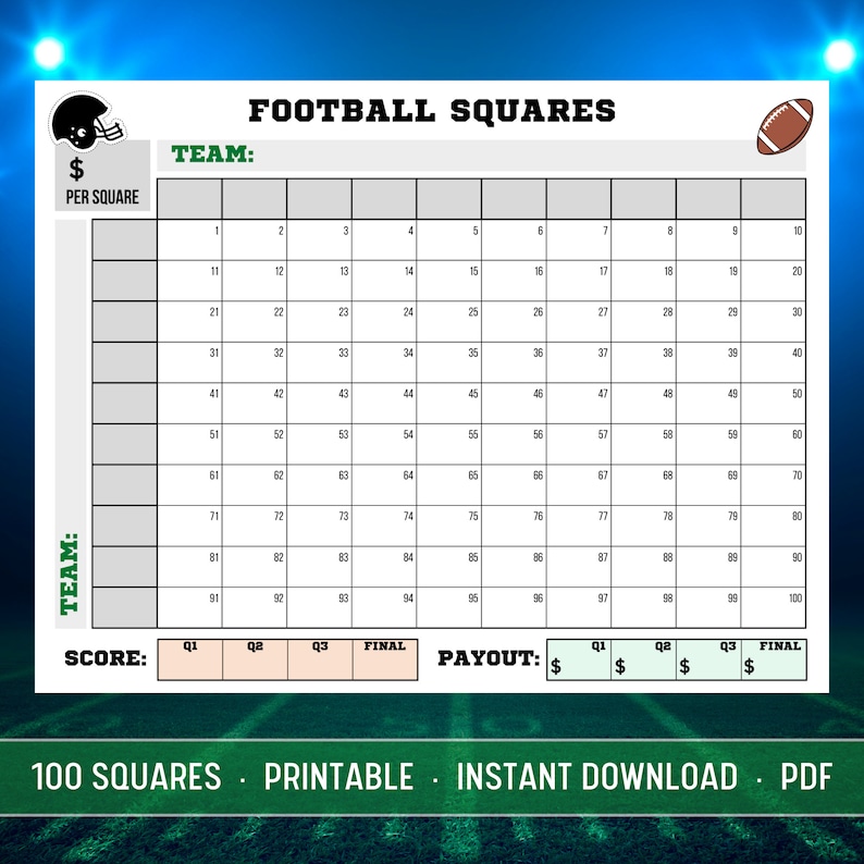 FOOTBALL Squares, Football Squares Grid, 100 Numbered Squares for the ...