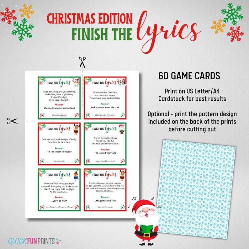 Christmas Lyrics Game, Printable Christmas Finish the Lyrics Game ...