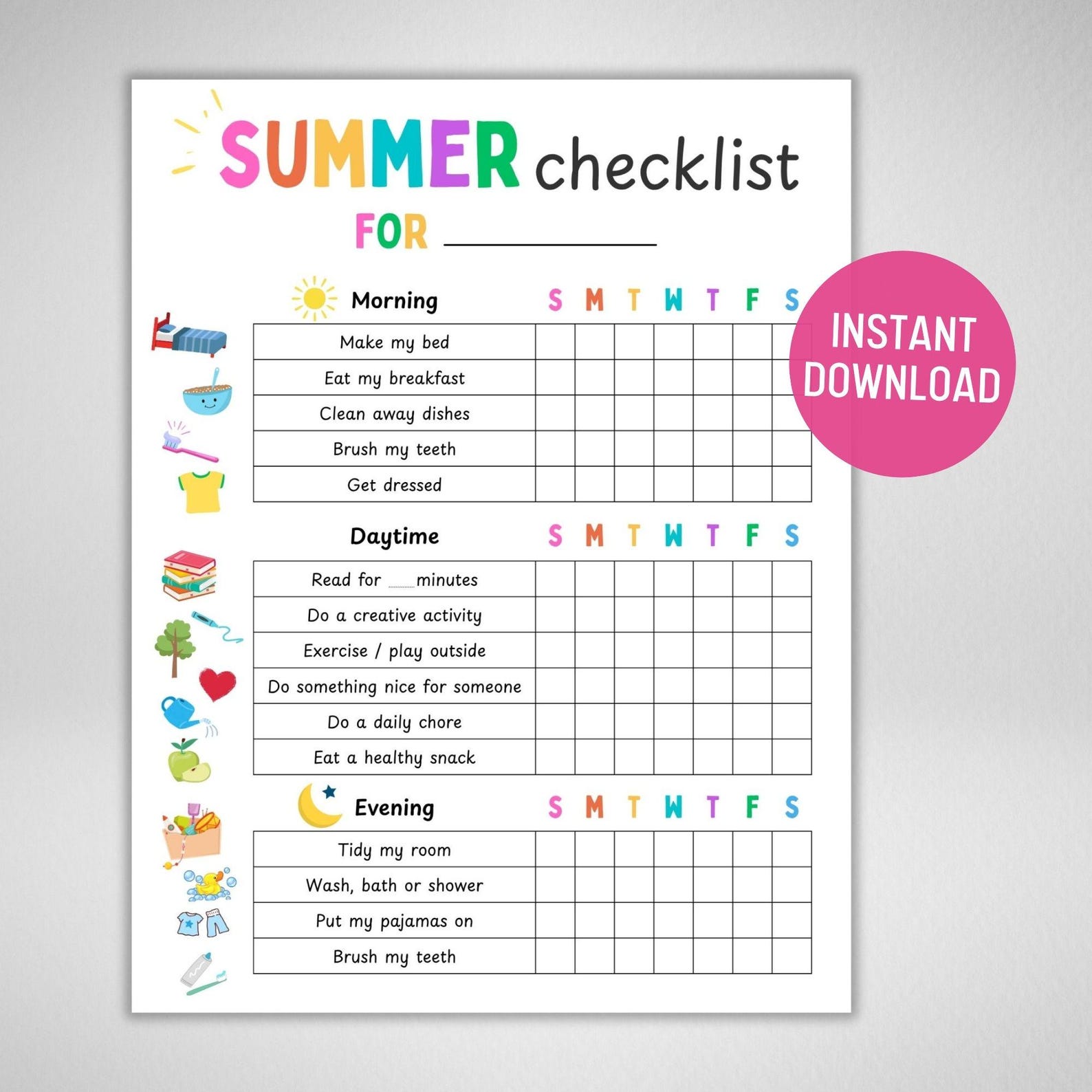 Kids Daily/weekly Activity Checklist for Summer Routine: Printable ...