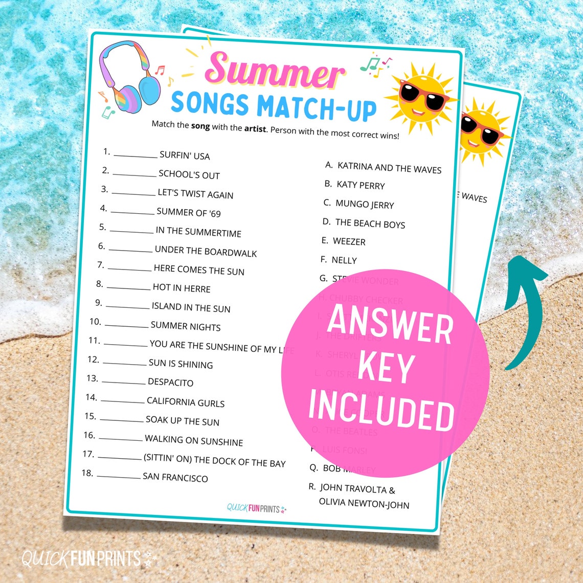 SUMMER Songs Match up Game, Summer Songs Printable Quiz, Summer Pool ...