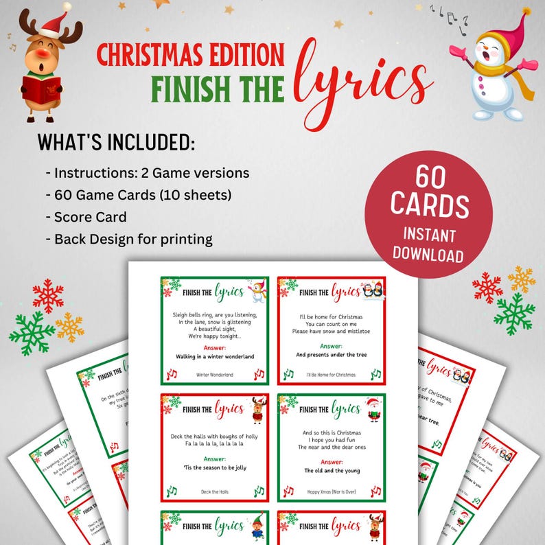 Christmas Lyrics Game, Printable Christmas Finish the Lyrics Game ...