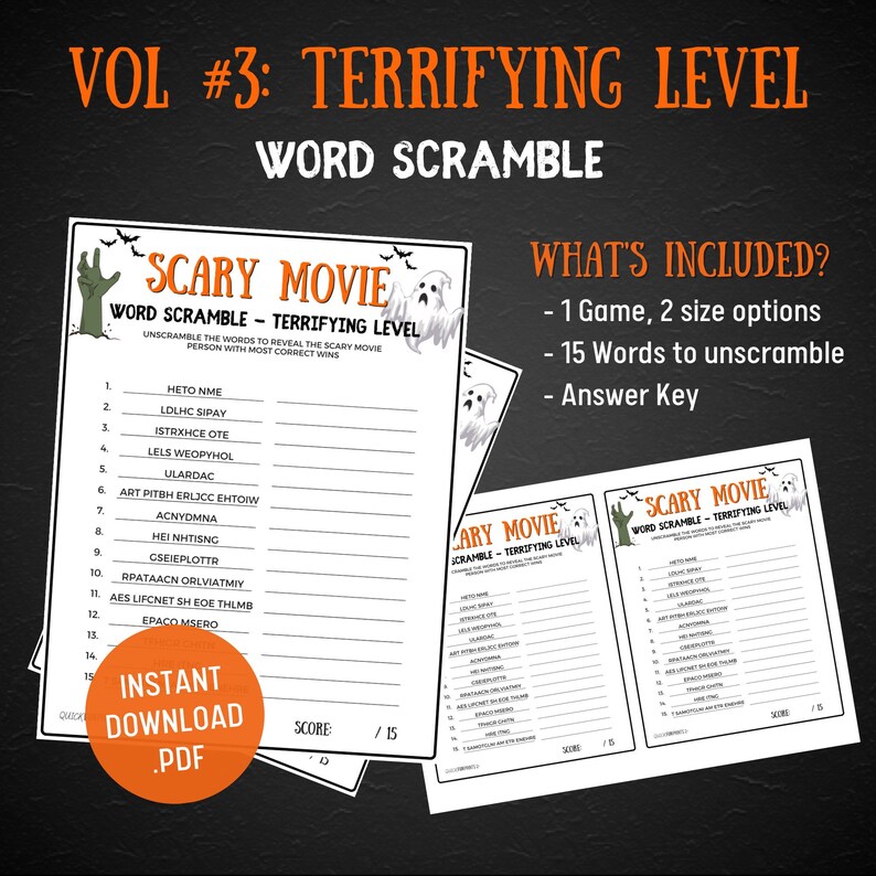 Horror Movie Word Scramble: Terrifying Halloween Game (printable ...