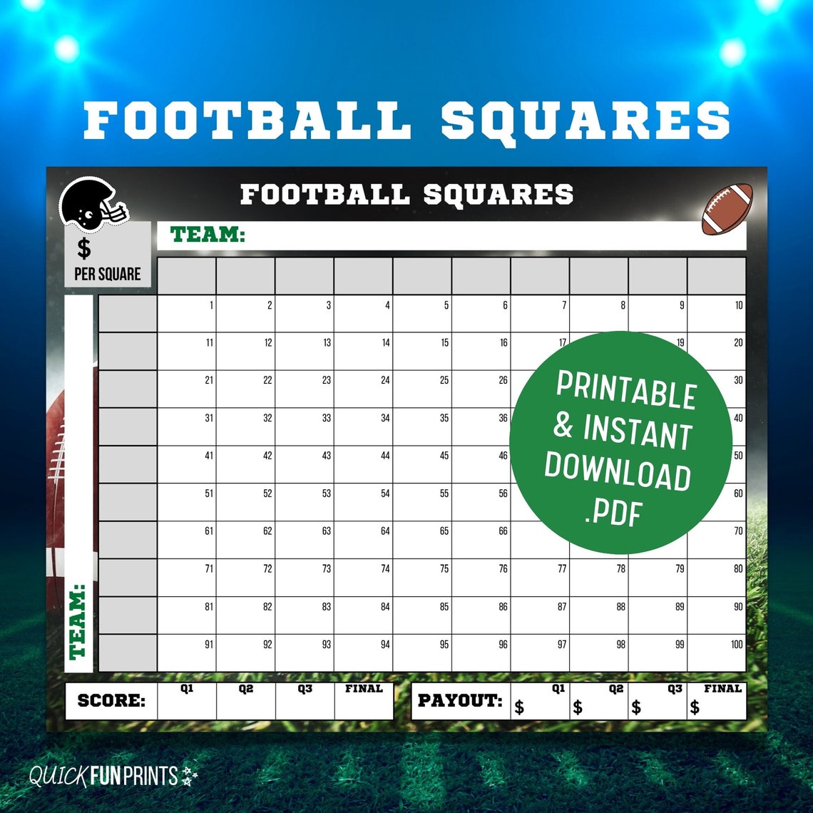 FOOTBALL Squares Game, Football Grid, 100 Numbered Squares for the Big ...