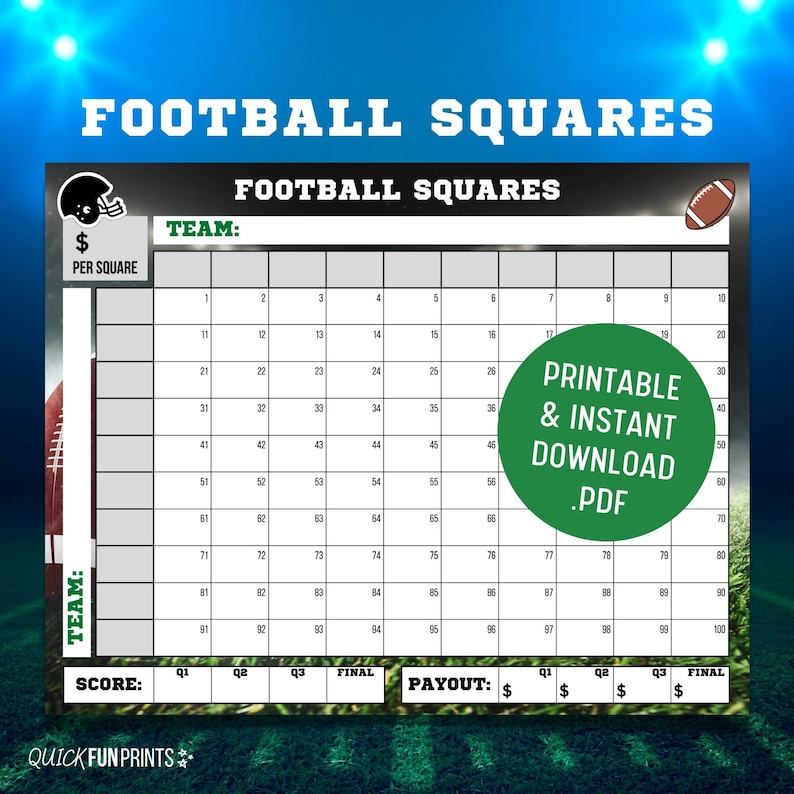 FOOTBALL Squares Game, Football Grid, 100 Numbered Squares for the Big ...