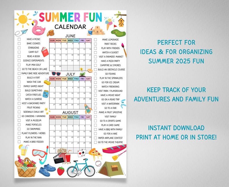 Summer Activity Calendar for Kids: 50 Fun Ideas, Printable Poster ...