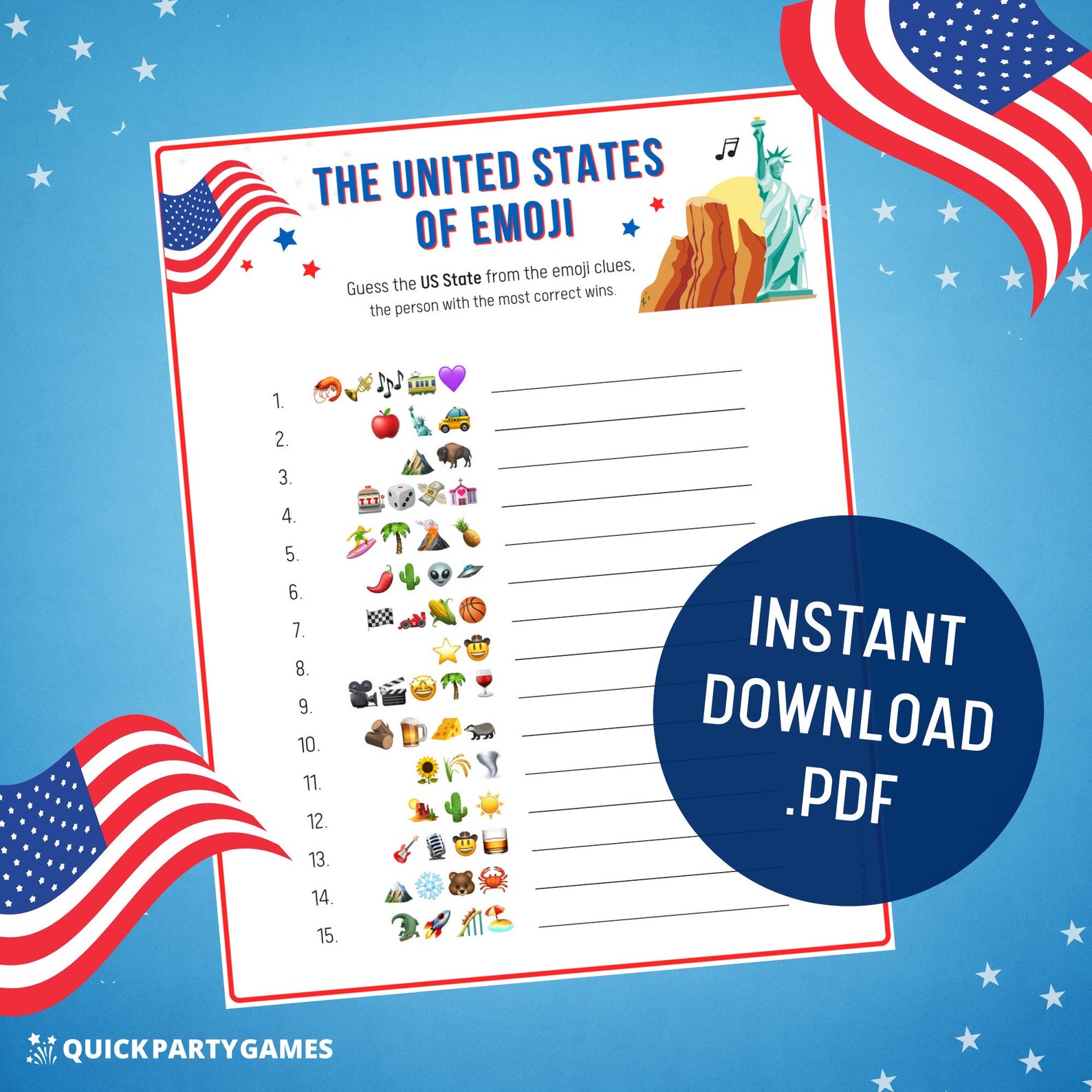 Emoji Quiz: US State Pictionary Game for Labour Day Weekend (printable ...