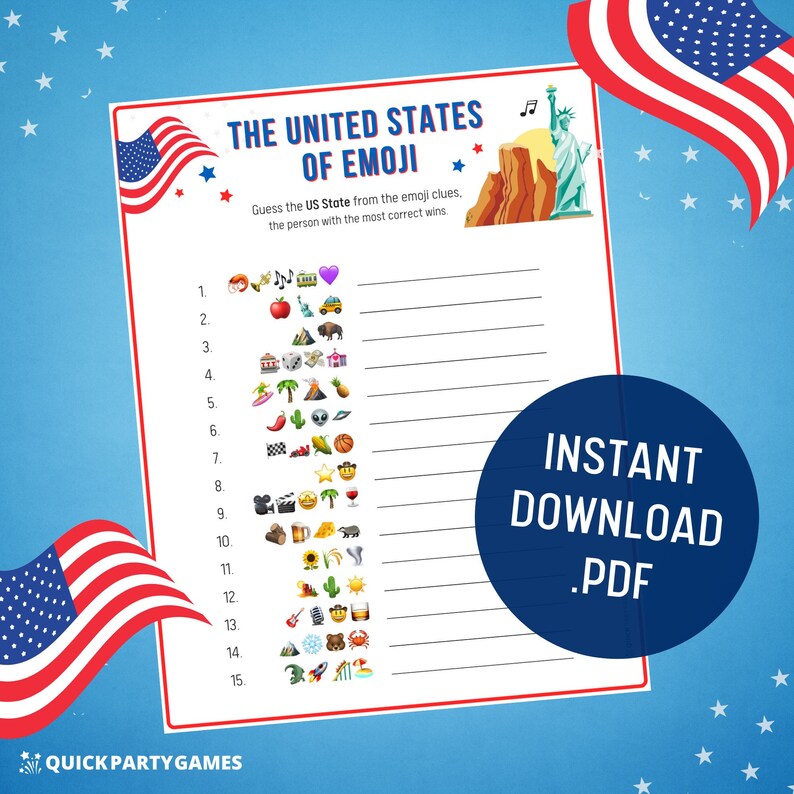 Emoji Quiz: US State Pictionary Game for Labour Day Weekend (printable ...