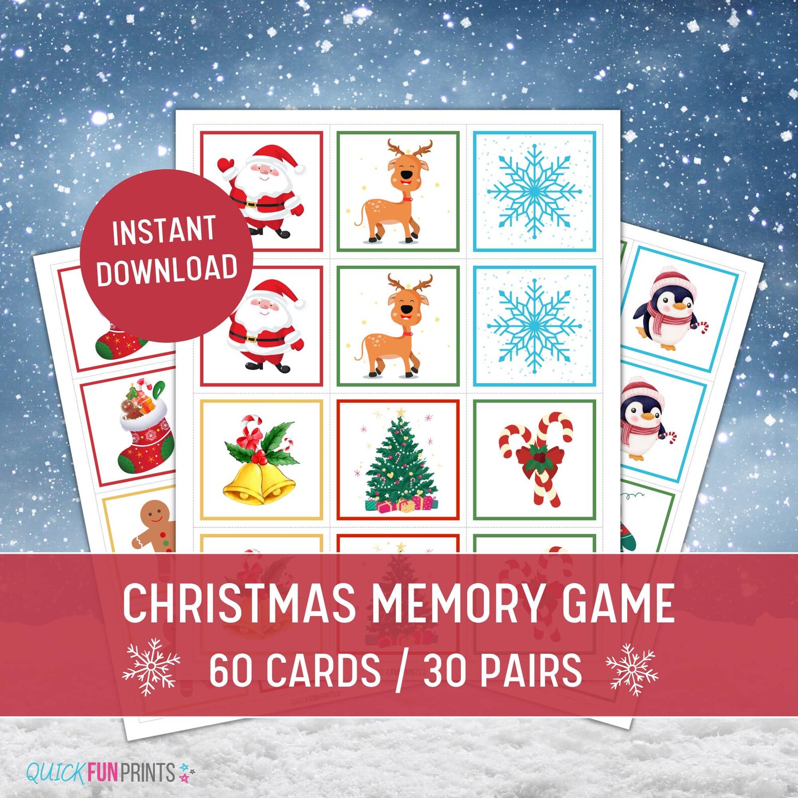 Christmas Memory Game, 60 Game Cards, Christmas Family Game, Xmas ...