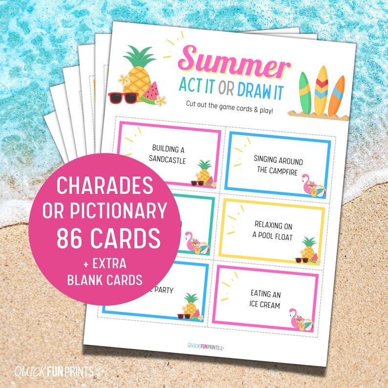 SUMMER Charades & Pictionary, Printable Summer Cards, Kids Imagination ...