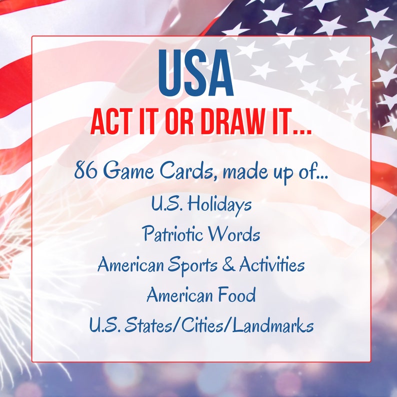 4th JULY, USA Charades & Pictionary Game, 4th July Party Games, Family ...