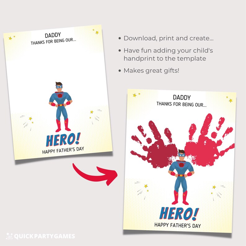 Father's Day Hero Printable Handprint Art Craft Daddy Personalized Gift ...