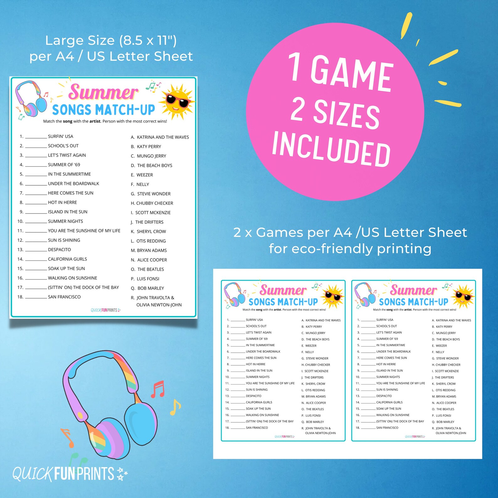 SUMMER Songs Match up Game, Summer Songs Printable Quiz, Summer Pool ...