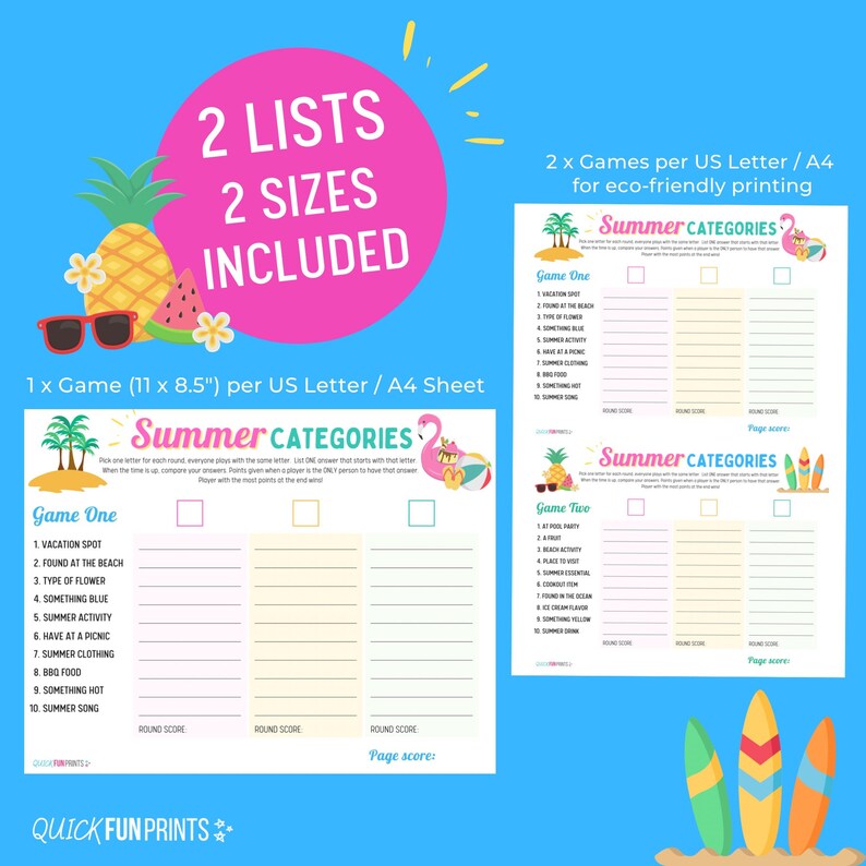 SUMMER Scattergories Game | 2 Game Lists | Categories Printable Game ...