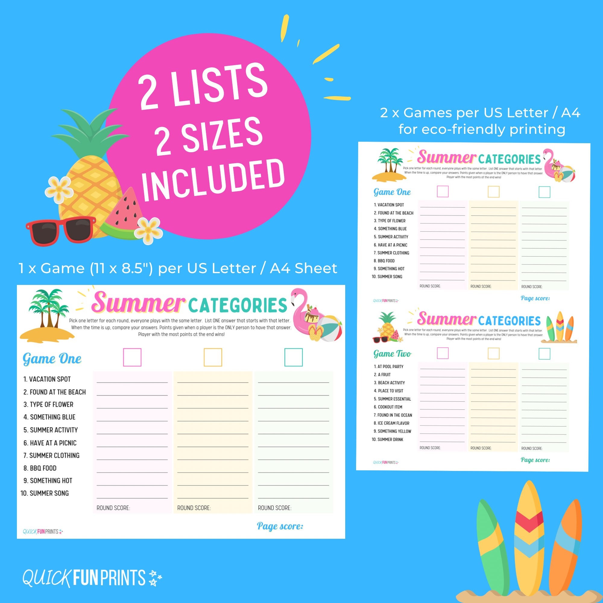 SUMMER Scattergories Game | 2 Game Lists | Categories Printable Game ...