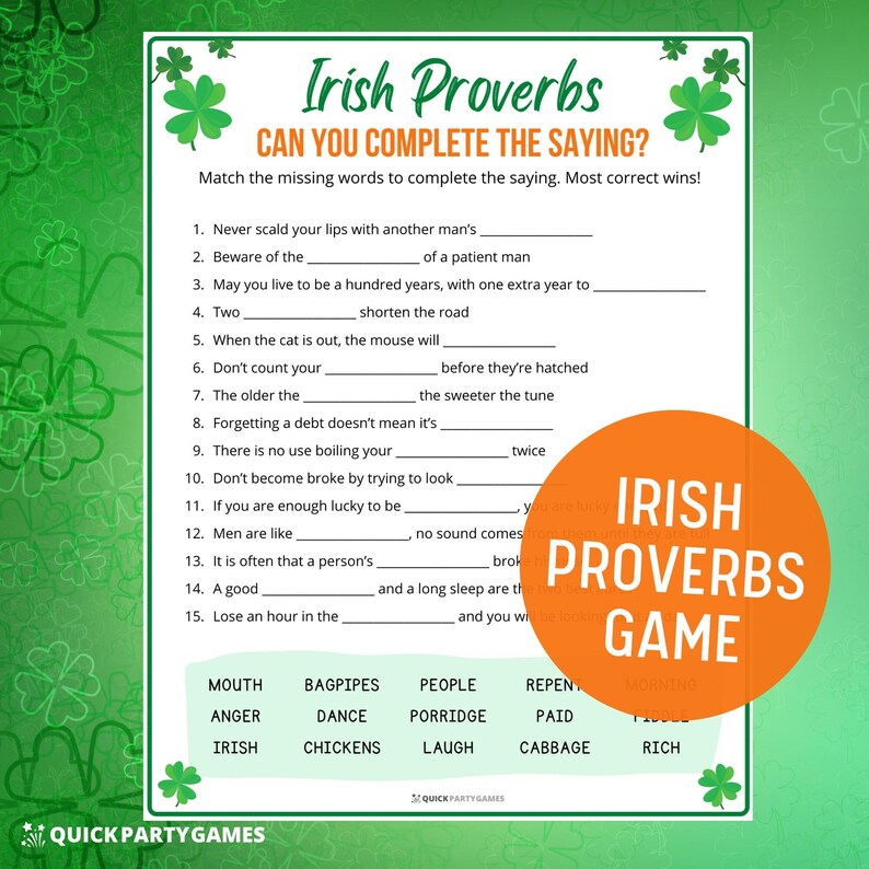 St Patrick's Day Irish Proverbs Game: Fun Trivia (printable Download ...