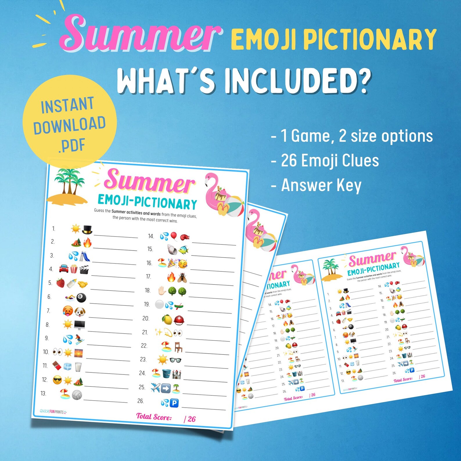 SUMMER Emoji Pictionary, Summertime Emoji Printable Quiz, Summer Pool ...