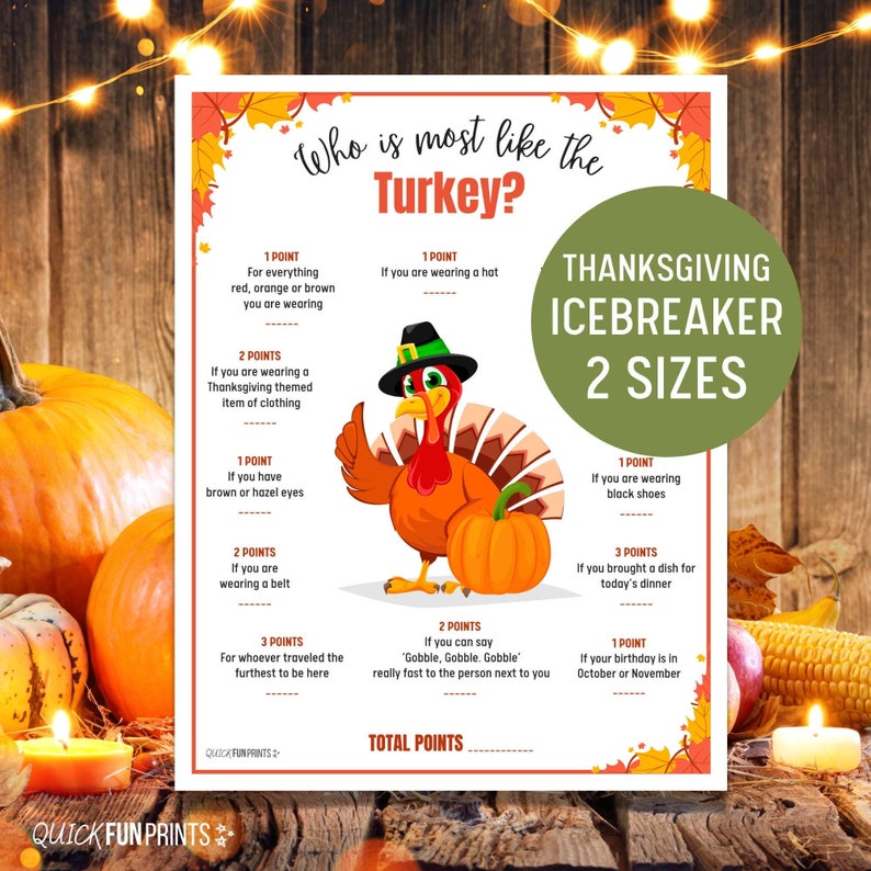 Thanksgiving Turkey Game, Icebreaker Game, Who is Most Like the Turkey ...