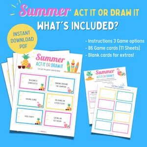 SUMMER Charades & Pictionary, Printable Summer Cards, Kids Imagination ...